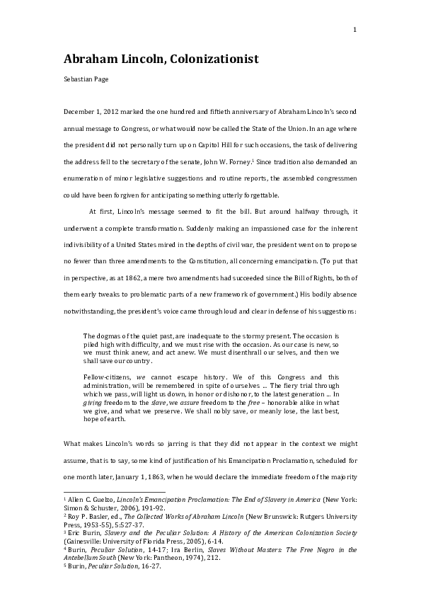 (PDF) Abraham Lincoln, Colonizationist