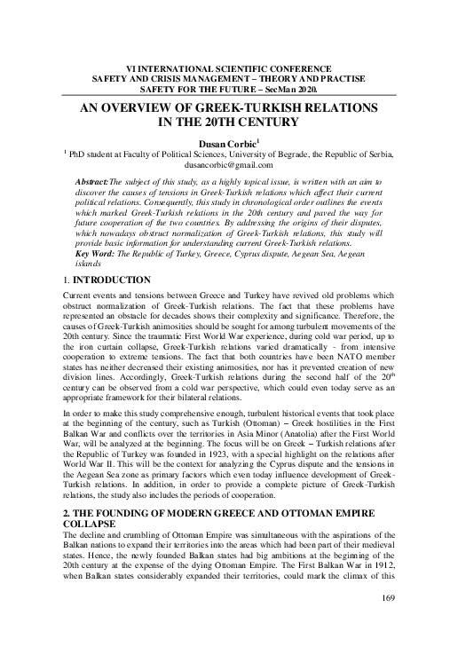 (PDF) AN OVERVIEW OF GREEK-TURKISH RELATIONS IN THE 20TH CENTURY
