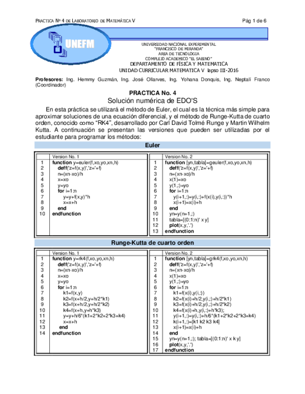 (PDF) PRACTICA Nº 4 DE LABORATORIO DE MATEMÁTICA V Solución numérica de EDO'S