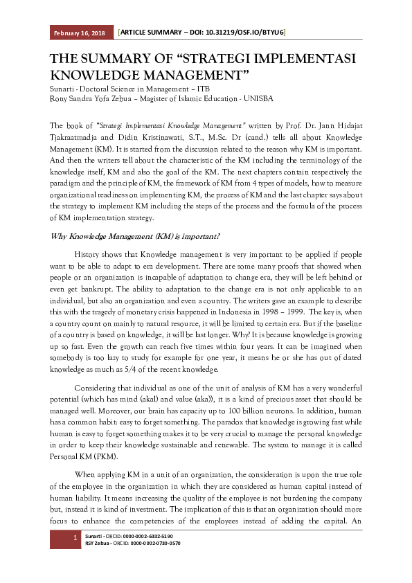 (PDF) The Summary Of "Strategi Implementasi Knowledge Management"