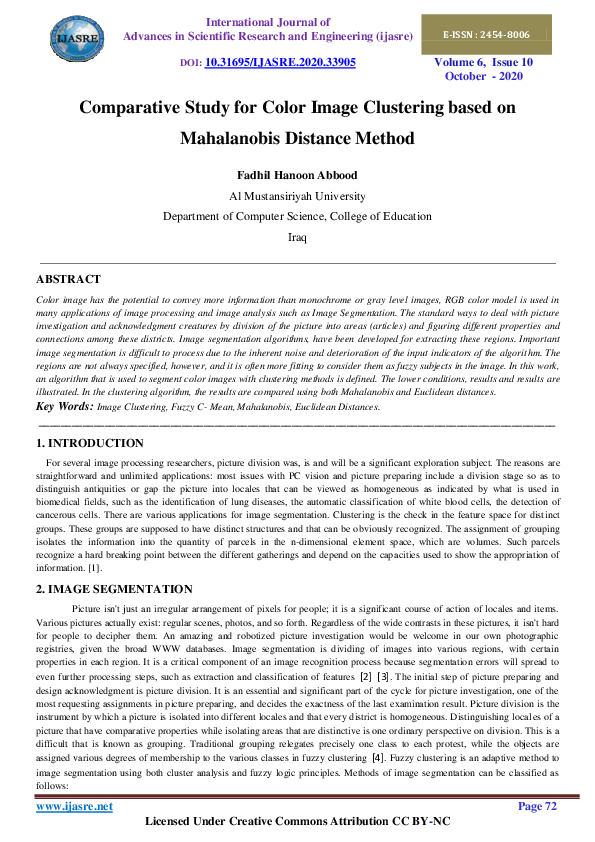 (PDF) Comparative Study for Color Image Clustering based on Mahalanobis Distance Method