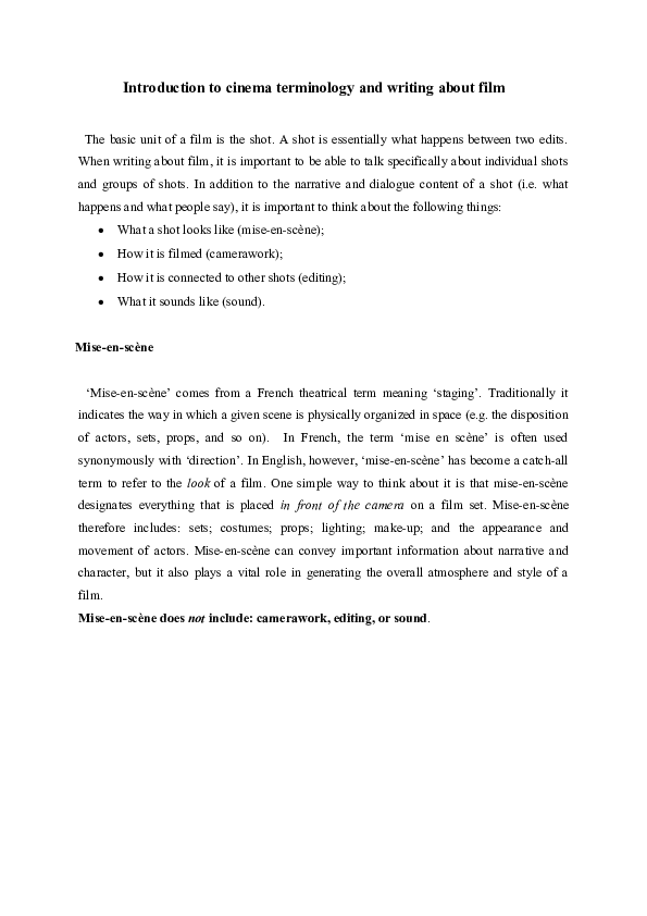 (DOC) Introduction to cinema terminology and writing about film ...