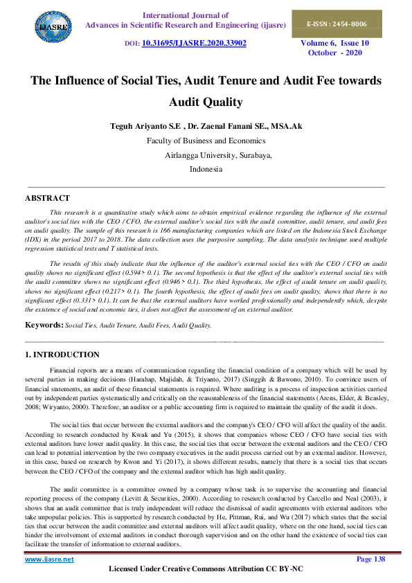 (PDF) The Influence of Social Ties, Audit Tenure and Audit Fee towards ...