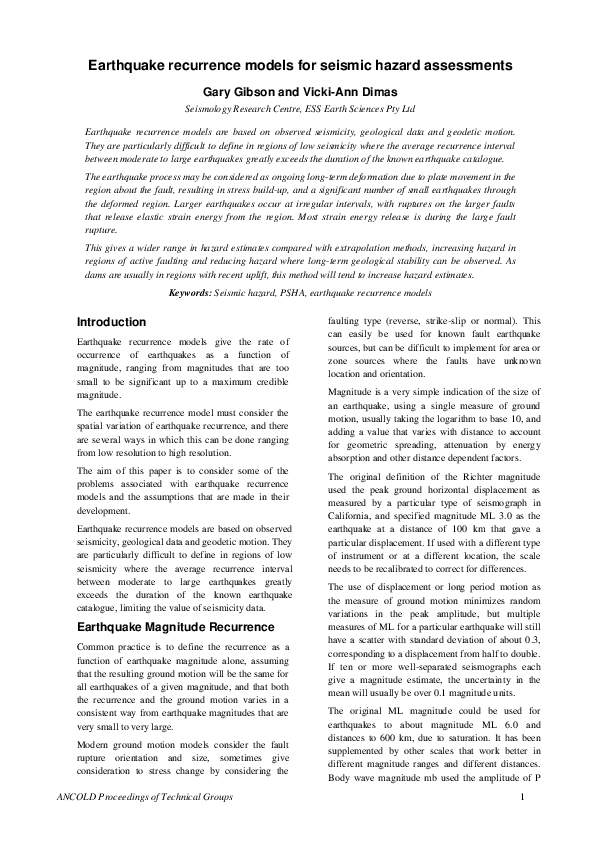 (PDF) Earthquake recurrence models for seismic hazard assessments