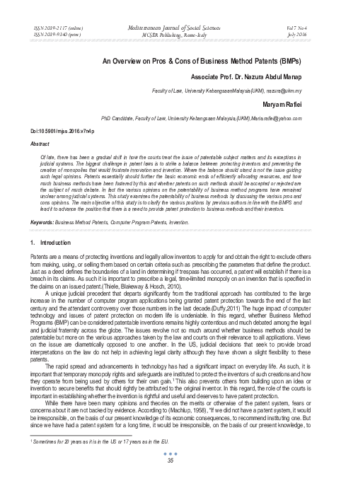 (PDF) An Overview on Pros & Cons of Business Method Patents (BMPs)