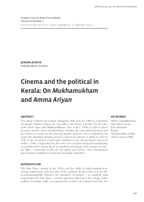 (PDF) Cinema and the political in Kerala: On Mukhamukham and Amma Ariyan