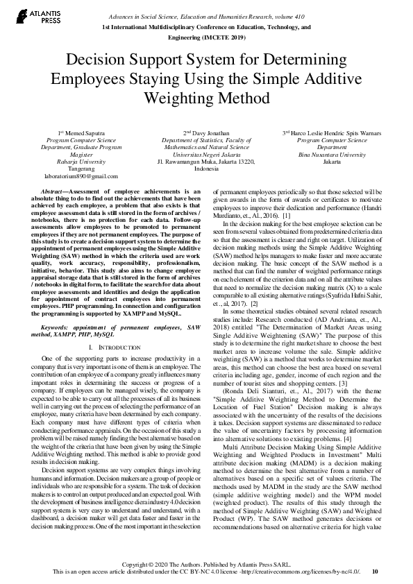 Pdf Decision Support System For Determining Employees Staying Using The Simple Additive