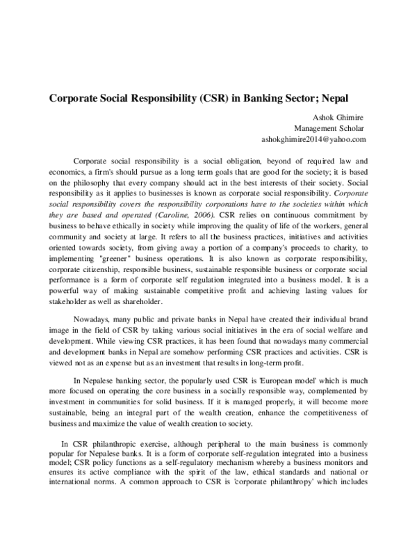 (PDF) Corporate Social Responsibility (CSR) in Banking Sector; Nepal