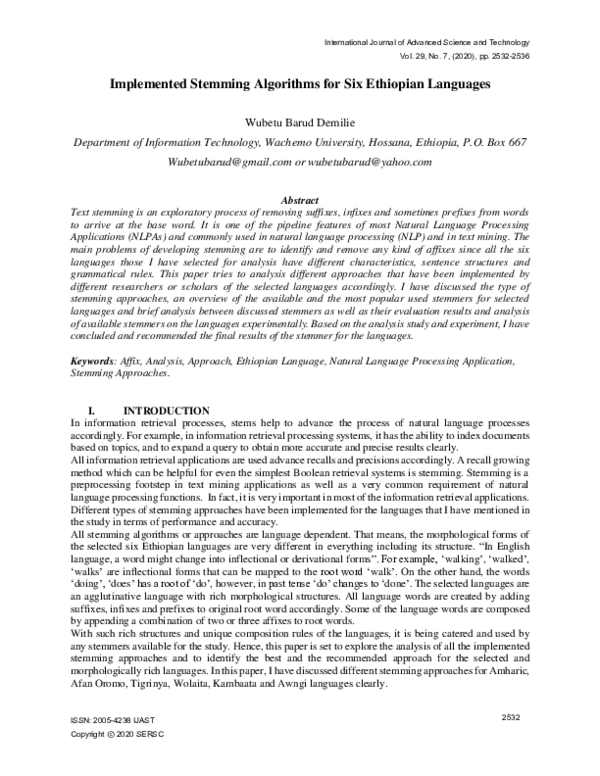(PDF) Implemented Stemming Algorithms for Six Ethiopian Languages