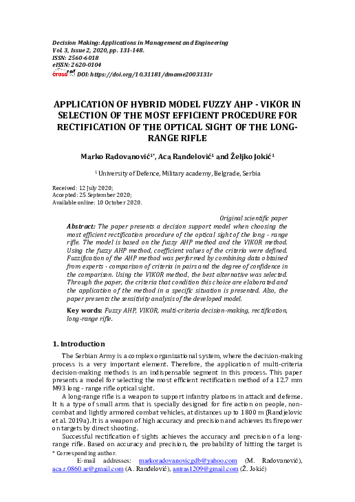 Pdf Application Of Hybrid Model Fuzzy Ahp Vikor In Selection Of The