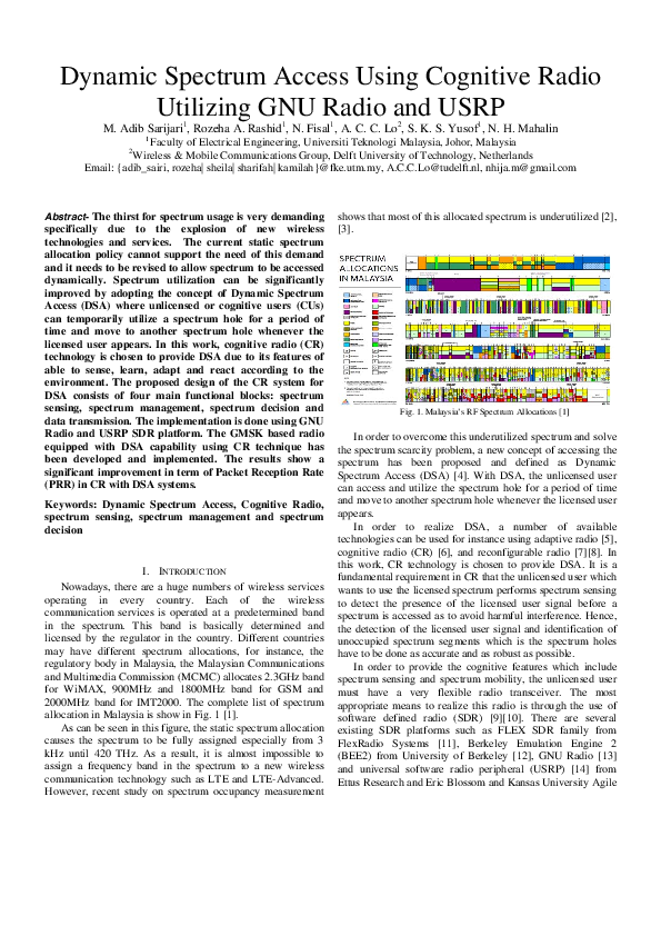 Pdf Dynamic Spectrum Access Using Cognitive Radio Utilizing Gnu Radio