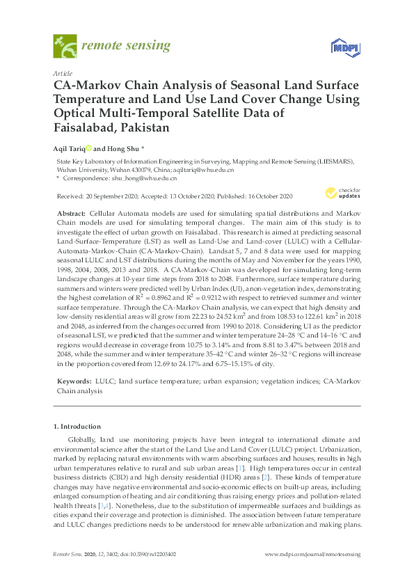 Pdf Ca Markov Chain Analysis Of Seasonal Land Surface Temperature And Land Use Landcover