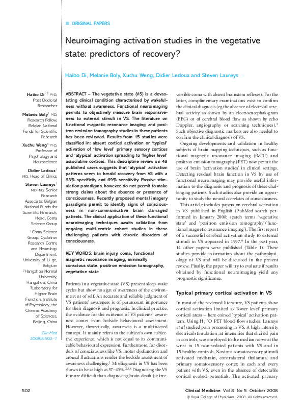(PDF) Neuroimaging activation studies in the vegetative state ...