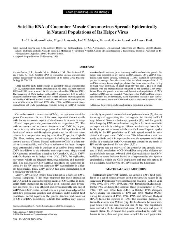 (PDF) Satellite RNA of Cucumber Mosaic Cucumovirus Spreads Epidemically in Natural Populations ...