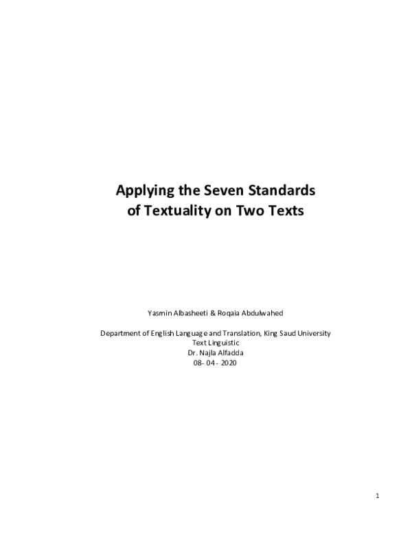(PDF) Applying the Seven Standards of Textuality on Two Texts