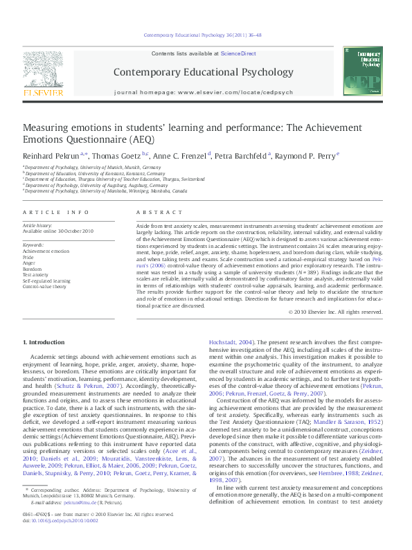 (PDF) The Control-Value Theory of Achievement Emotions: Assumptions, Corollaries, and ...