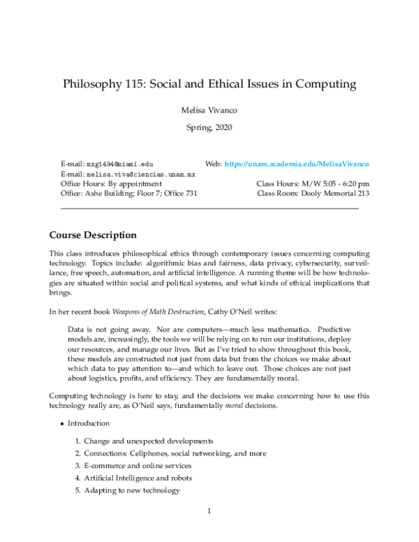(PDF) Philosophy 115: Social and Ethical Issues in Computing