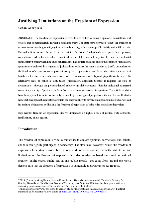 (PDF) Justifying Limitations on the Freedom of Expression