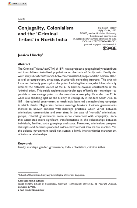 (PDF) Conjugality, Colonialism and the 'Criminal Tribes' in North India