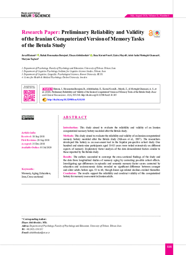 (PDF) Preliminary Reliability and Validity of the Iranian Computerized Version of Memory Tasks ...