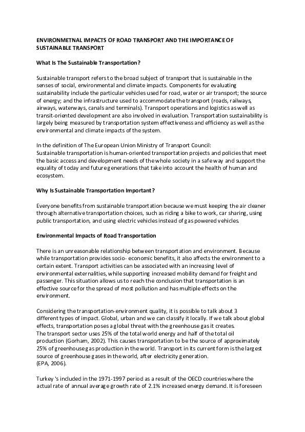 (PDF) ENVIRONMETNAL IMPACTS OF ROAD TRANSPORT AND THE IMPORTANCE OF ...