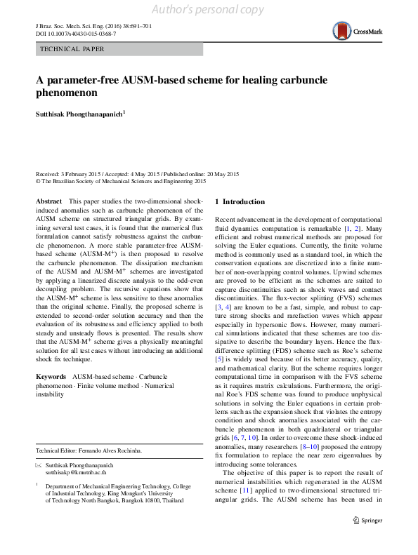 (PDF) A parameter-free AUSM-based scheme for healing carbuncle phenomenon