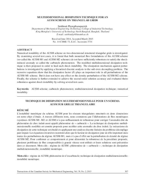(PDF) MULTIDIMENSIONAL DISSIPATION TECHNIQUE FOR AN AUSM SCHEME ON TRIANGULAR GRIDS