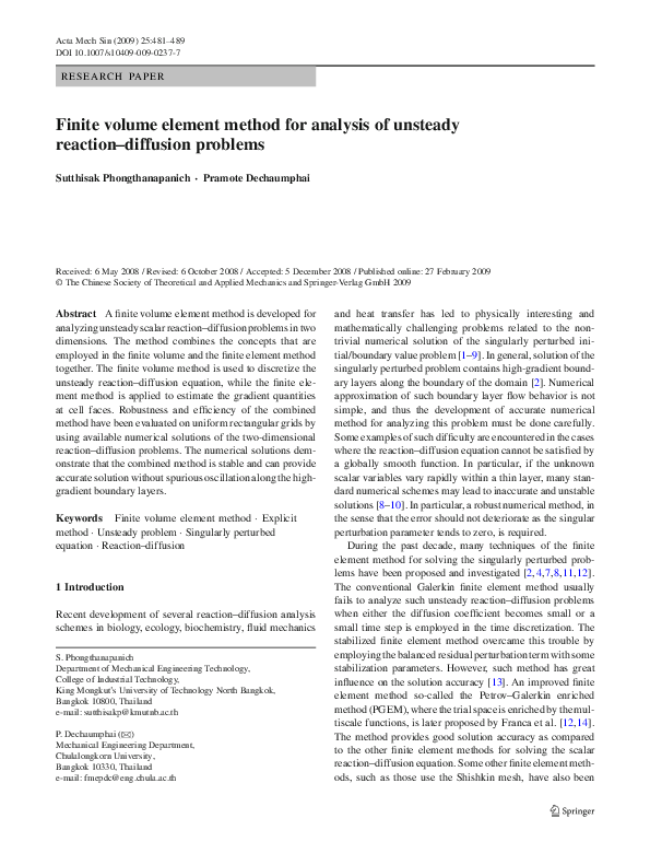 Pdf Finite Volume Element Method For Analysis Of Unsteady Reaction Diffusion Problems