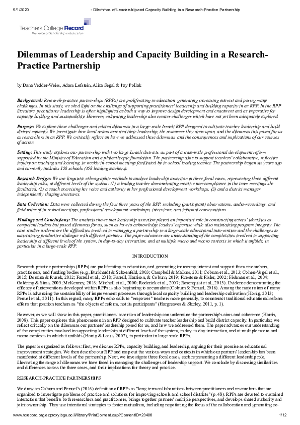 (PDF) Dilemmas of Leadership and Capacity Building in a Research ...