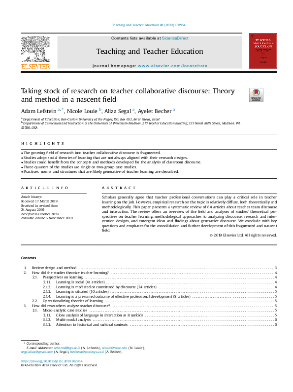 (PDF) Taking stock of research on teacher collaborative discourse: Theory and method in a ...