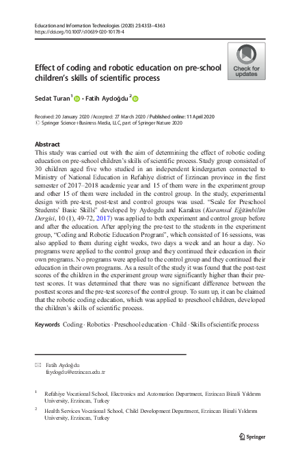 (PDF) Effect of coding and robotic education on pre-school children's ...