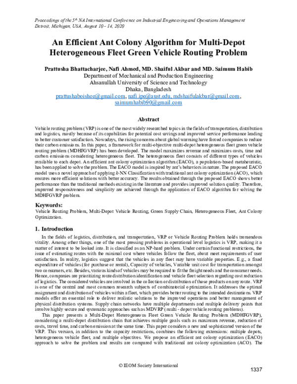 Pdf An Efficient Ant Colony Algorithm For Multi Depot Heterogeneous Fleet Green Vehicle 