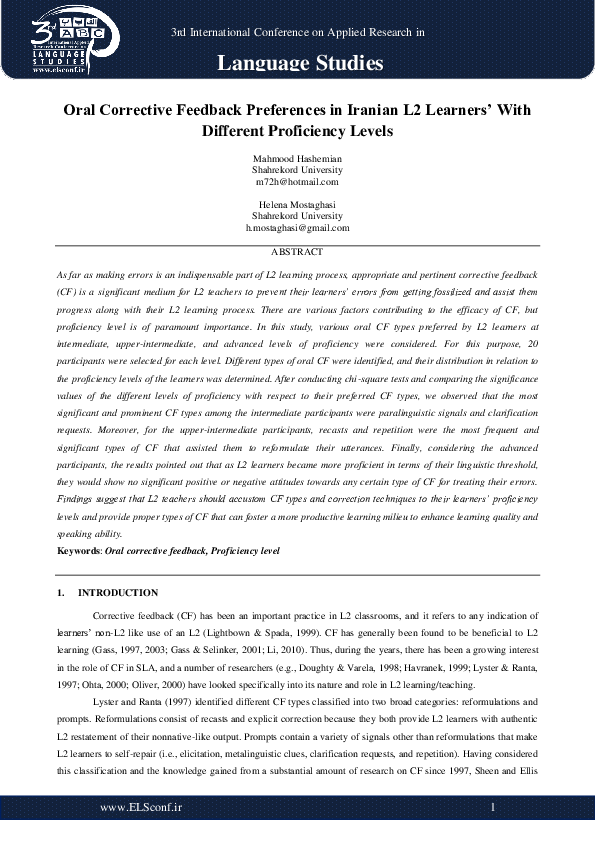 (PDF) Oral Corrective Feedback Preferences in Iranian L2 Learners With Different Proficiency Levels