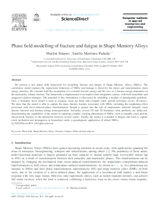 (PDF) Phase field modelling of fracture and fatigue in Shape Memory Alloys