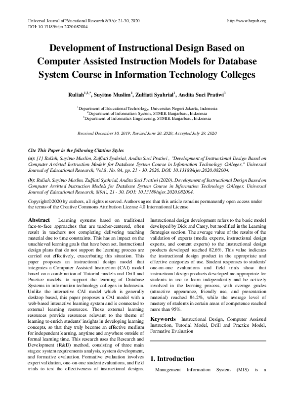 (PDF) Development of Instructional Design Based on Computer Assisted Instruction Models for ...