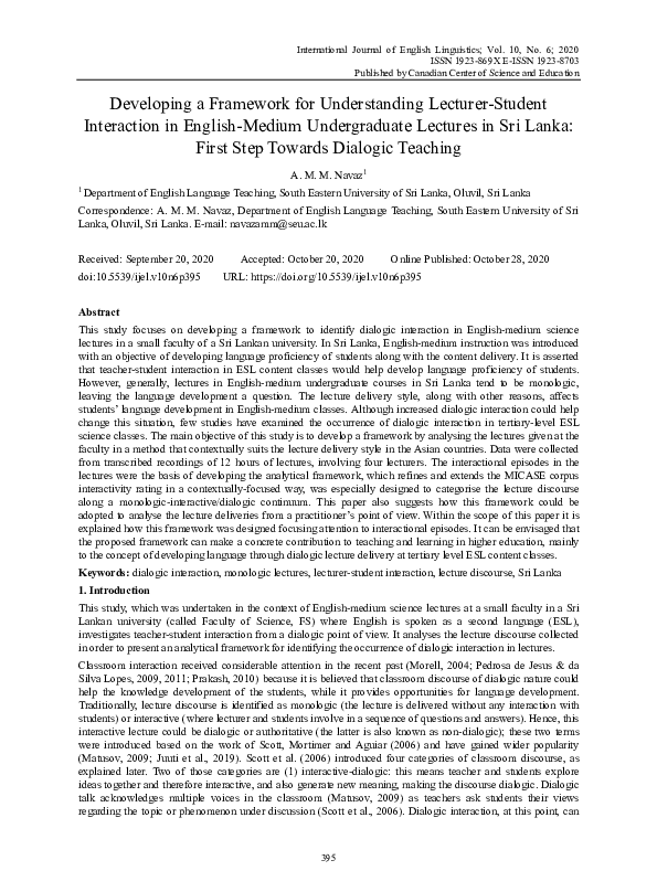 (PDF) Developing a Framework for Understanding Lecturer-Student Interaction in English-Medium ...