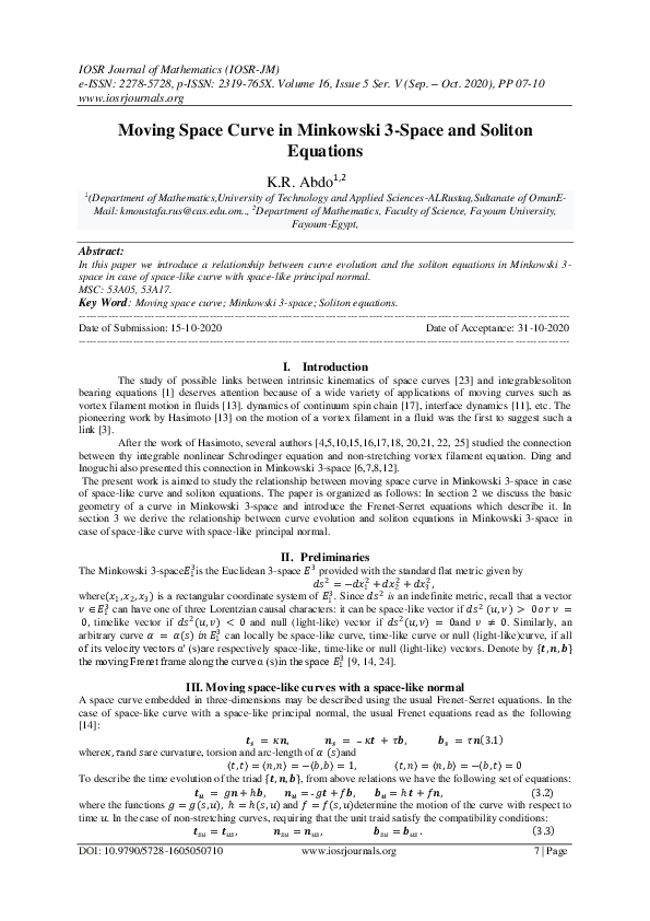 (PDF) Moving Space Curve in Minkowski 3-Space and Soliton Equations