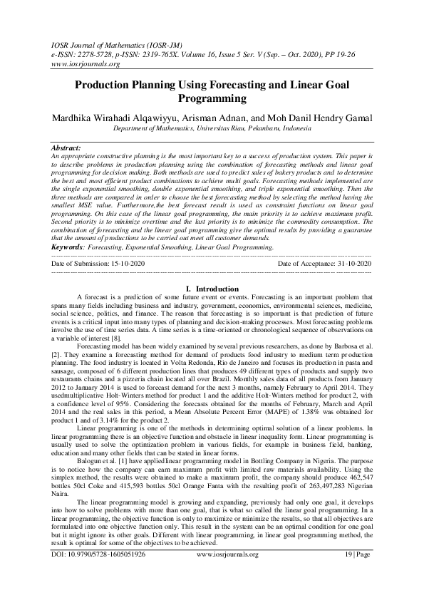 (PDF) Production Planning Using Forecasting and Linear Goal Programming