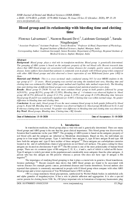 (PDF) Blood group and its relationship with bleeding time and clotting time