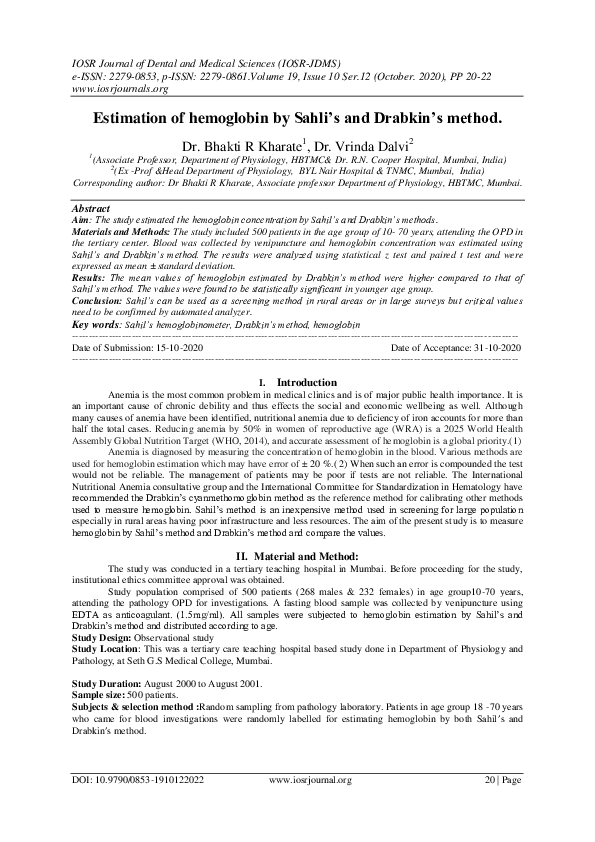 (PDF) Estimation of hemoglobin by Sahli's and Drabkin's method
