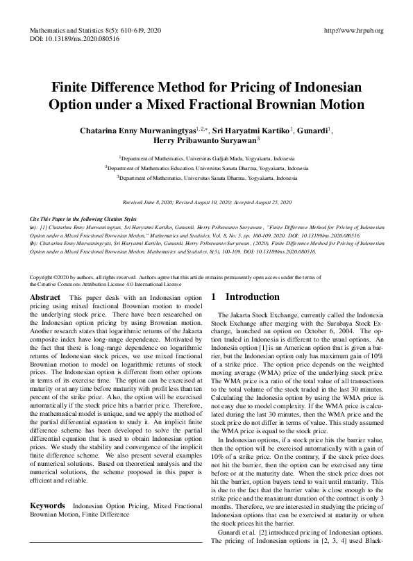 (PDF) Finite Difference Method for Pricing of Indonesian Option under a Mixed Fractional ...