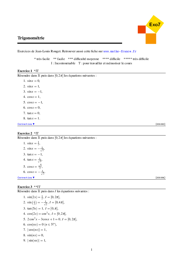(PDF) Exo7 * très facile ** facile *** difficulté moyenne **** difficile ***** très difficile I ...