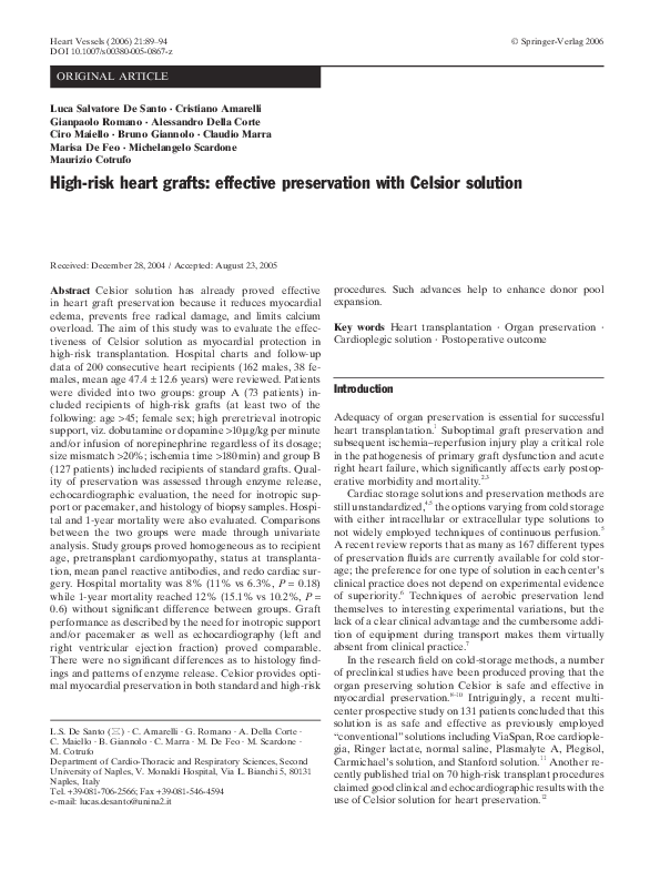(PDF) High-risk heart grafts: effective preservation with Celsior ...