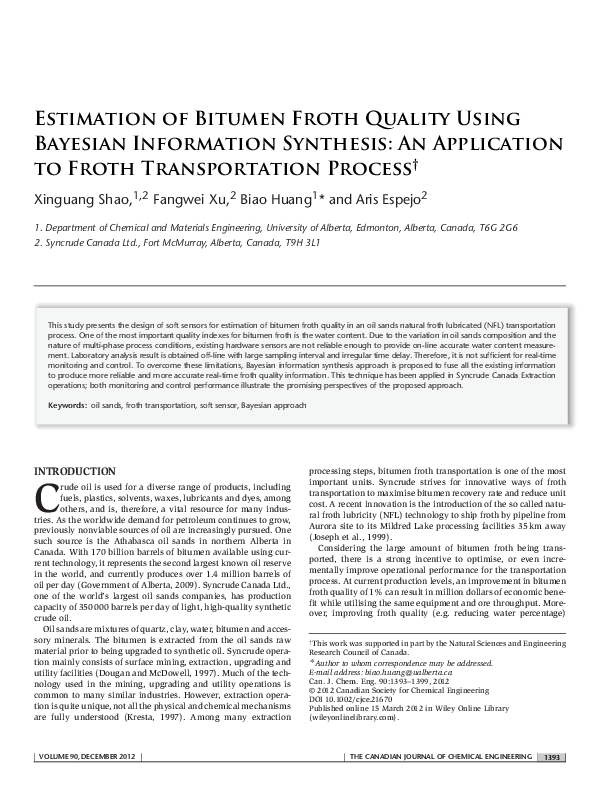 (PDF) Estimation of Bitumen Froth Quality Using Bayesian Information ...