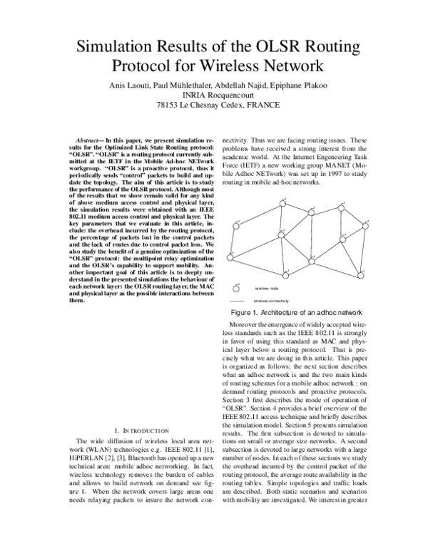 Pdf Simulation Results Of The Olsr Routing Protocol For Wireless Network