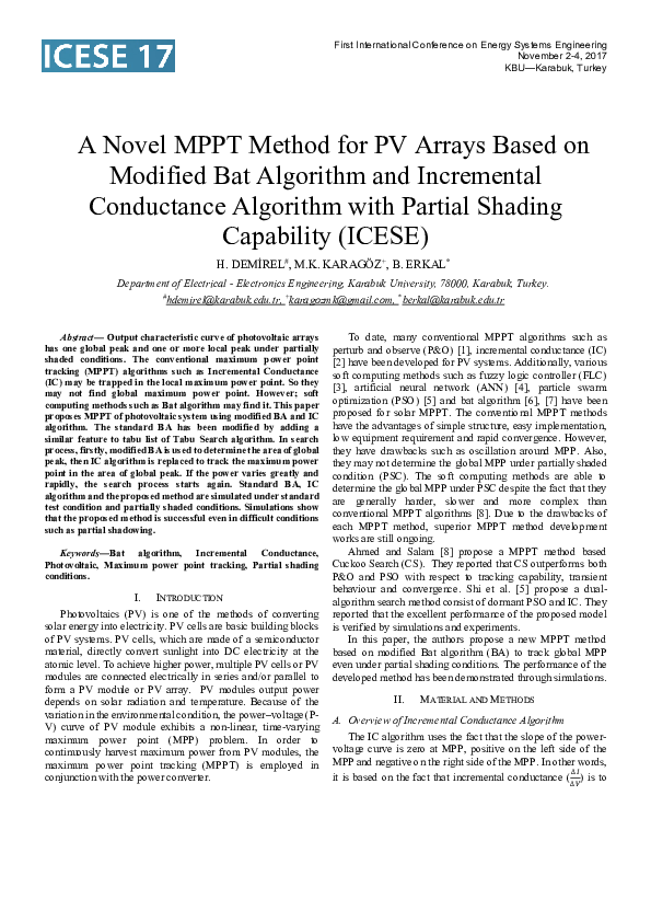 Pdf A Novel Mppt Method For Pv Arrays Based On Modified Bat Algorithm
