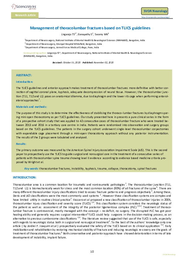 (PDF) Management of thoracolumbar fractures based on TLICS guidelines