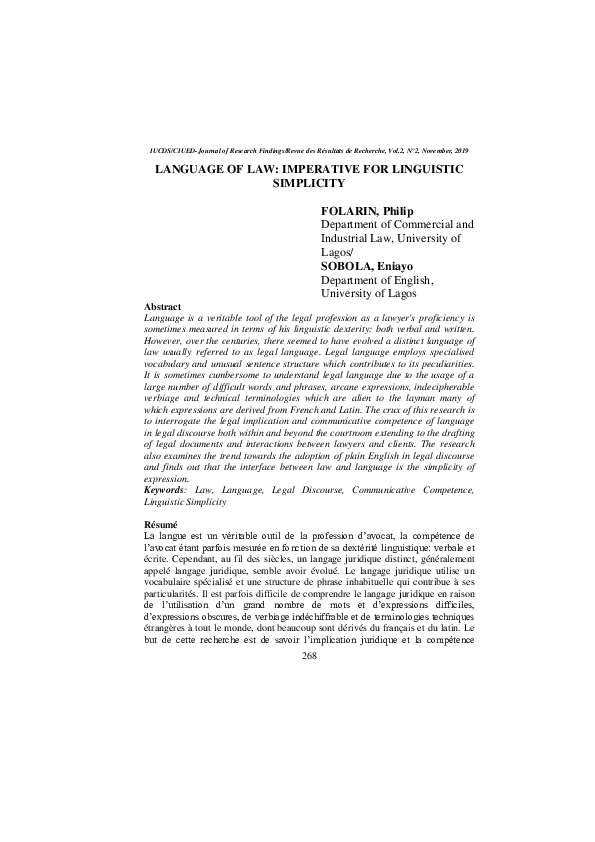 (PDF) LANGUAGE OF LAW: IMPERATIVE FOR LINGUISTIC SIMPLICITY