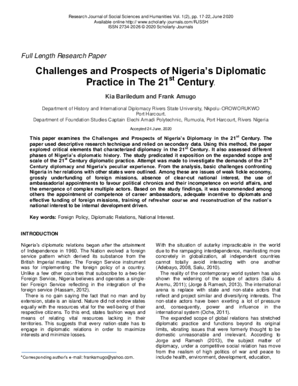 (PDF) Challenges and Prospects of Nigeria's Diplomatic Practice in The ...