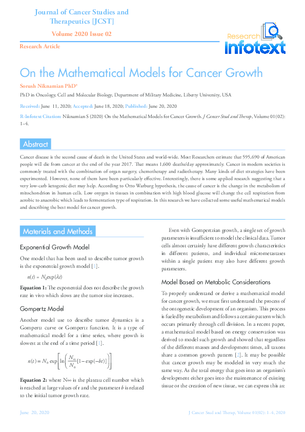 (PDF) On the Mathematical Models for Cancer Growth Materials and ...